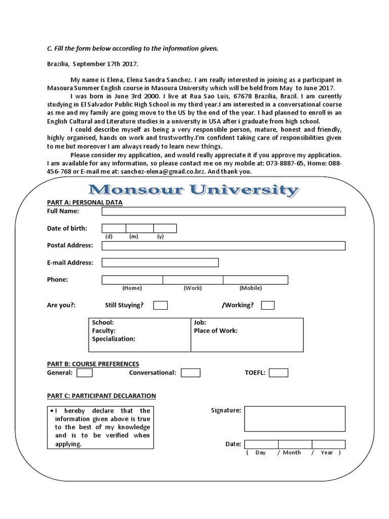 C. Fill The Form Below According To The Information Given.: New Things ...