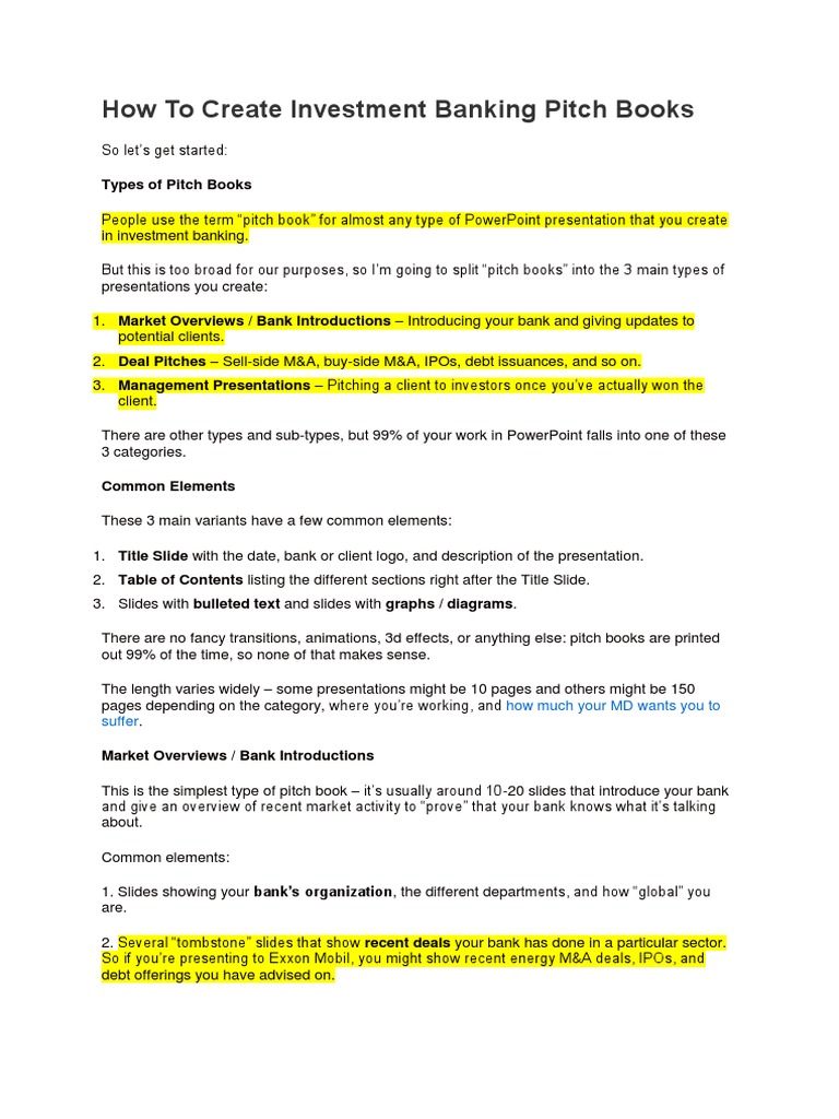 How To Create Investment Banking Pitch Books | PDF | Mergers And ...