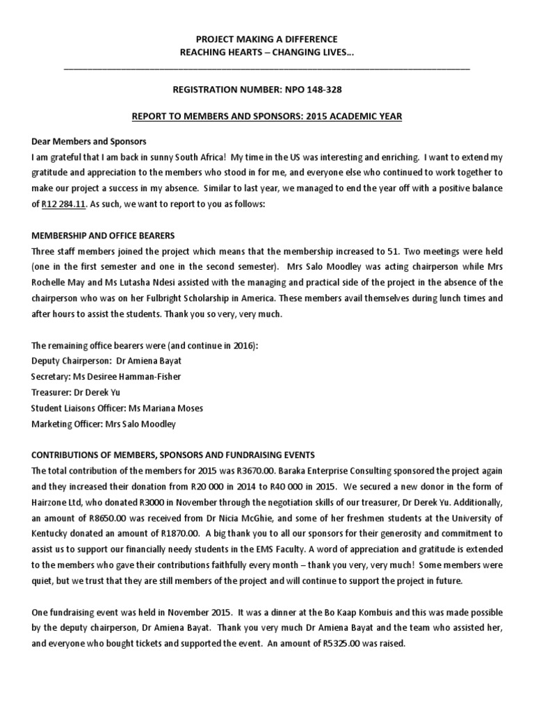Report To Member of Project Making A Difference For The 2015 Academic ...