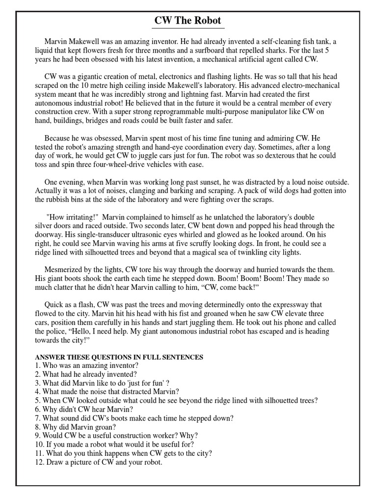 Reading Comprehension Worksheets 3 CW | PDF | Robot | Robotics