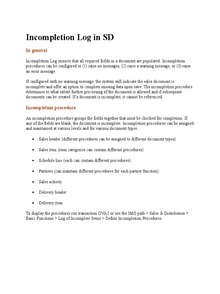 Incompletion Log in SD | PDF | Delivery (Commerce) | Subroutine