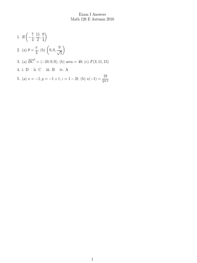 Exam I Answers Math 126 E Autumn 2016 | PDF