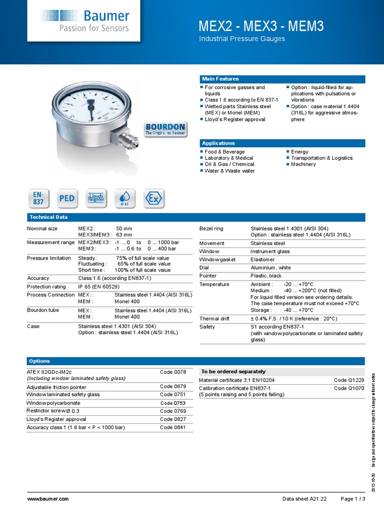 Baumer Mex3 en Ds | PDF | Pressure Measurement | Pressure