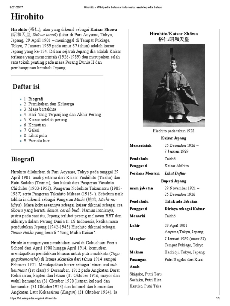 Hirohito - Wikipedia Bahasa Indonesia, Ensiklopedia Bebas | PDF