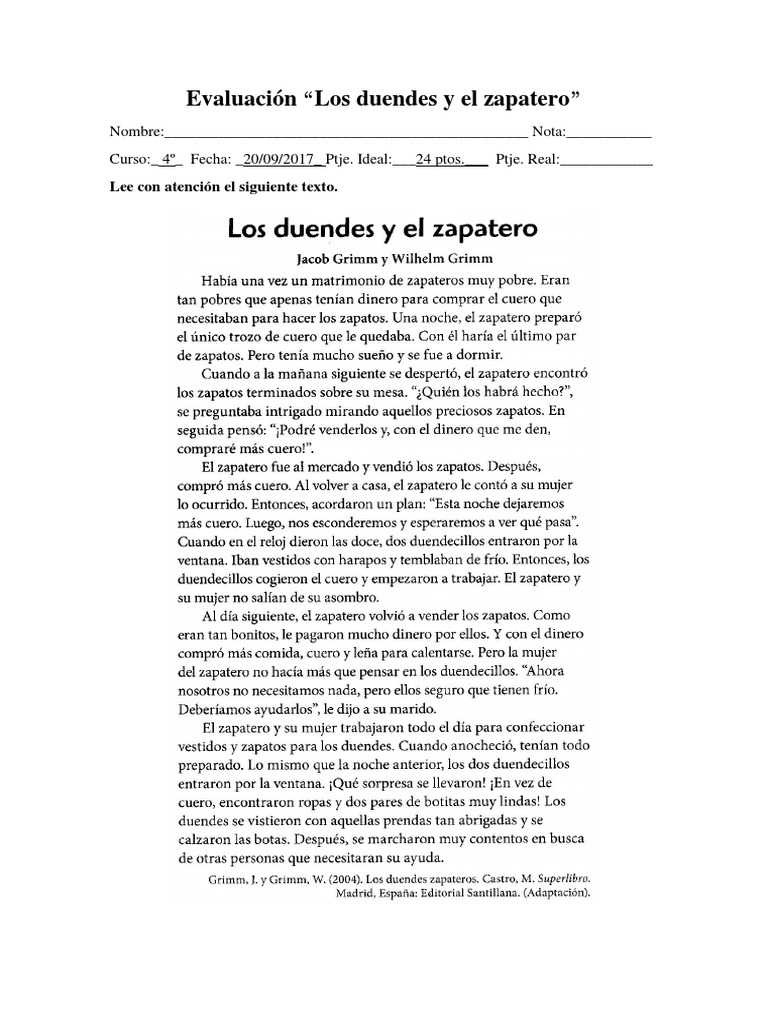 Evaluación Los Duendes y El Zapatero | PDF