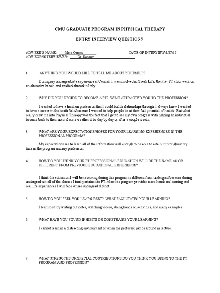 CMU Physical Therapy Interview Insights | PDF | Psychology | Neuroscience