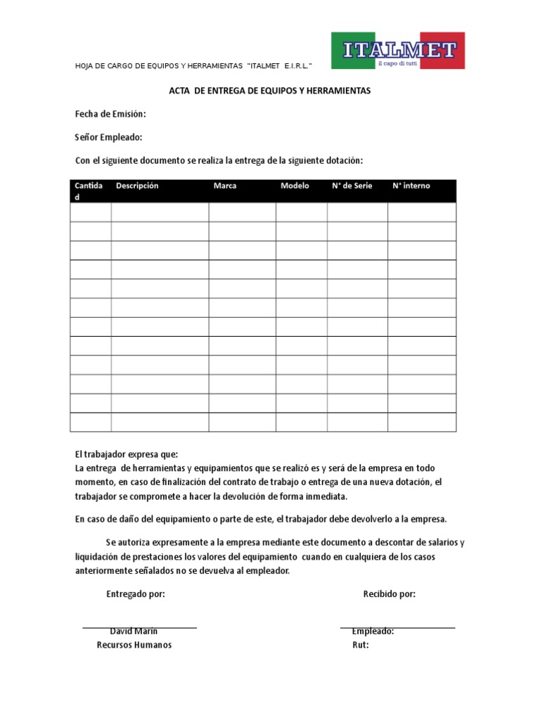 Hoja Cargo Herramienta | PDF