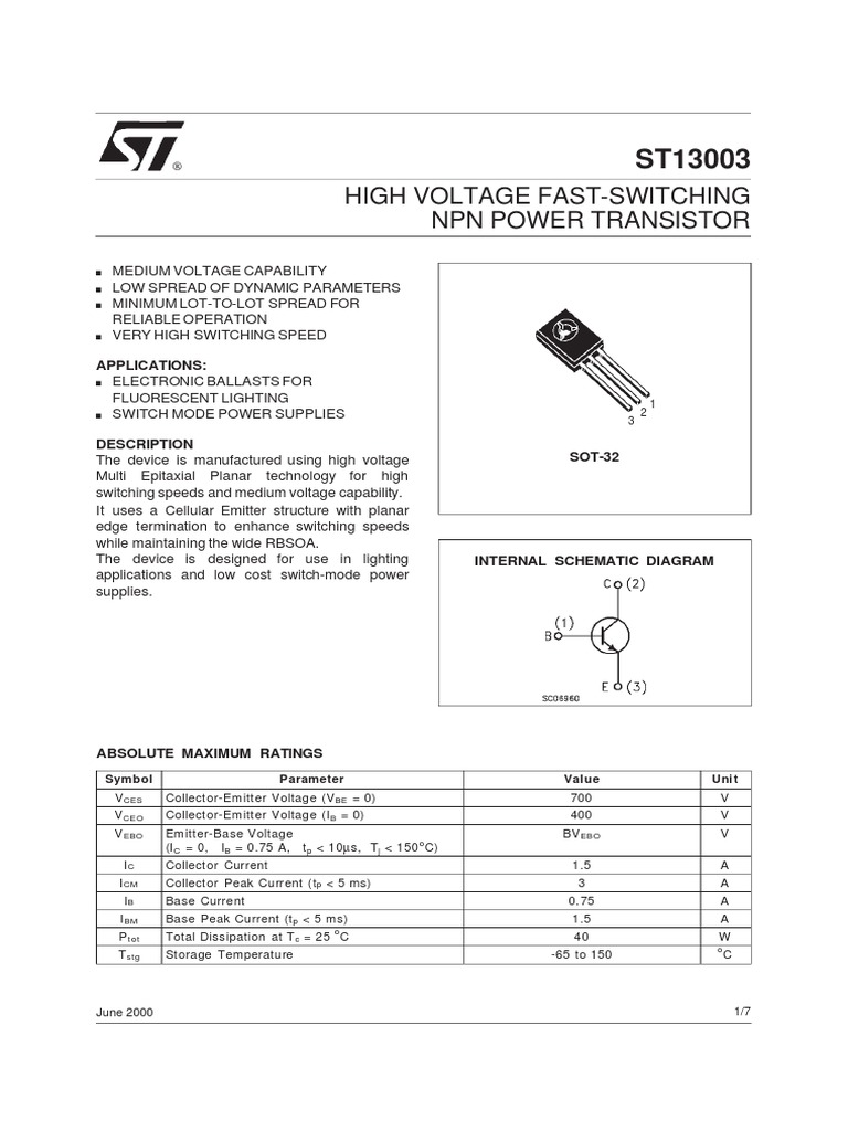 High Voltage Fast-switching Npn Power Transistor: Applications | Pdf 