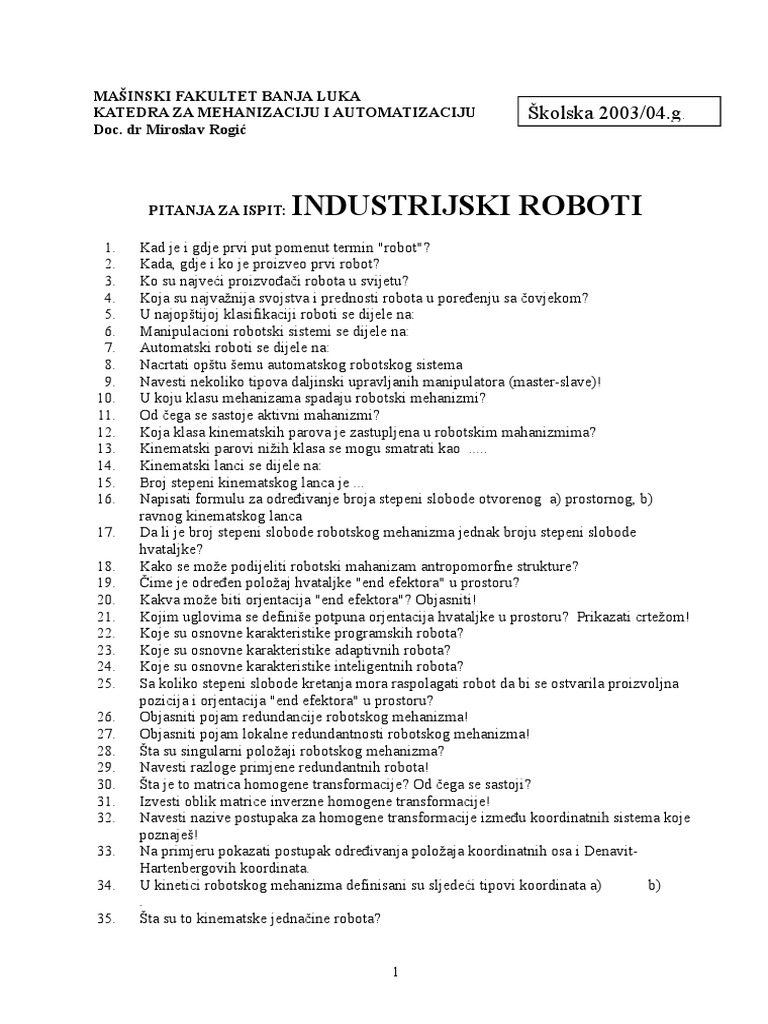 Osnove Robotike - Pitanja Za Usmeni Ispit | PDF
