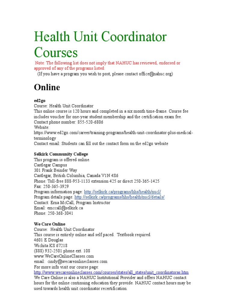 Health Unit Coordinator Courses | PDF | Minnesota | Nursing