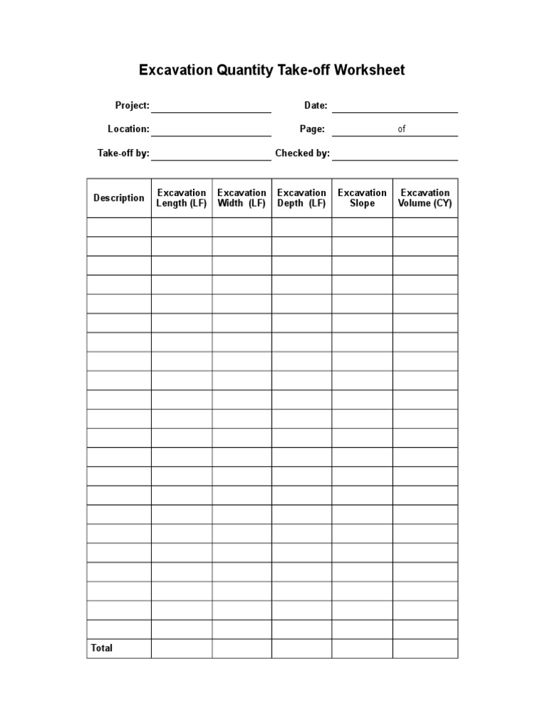 Excavation Quantity Take-Off Worksheet | PDF
