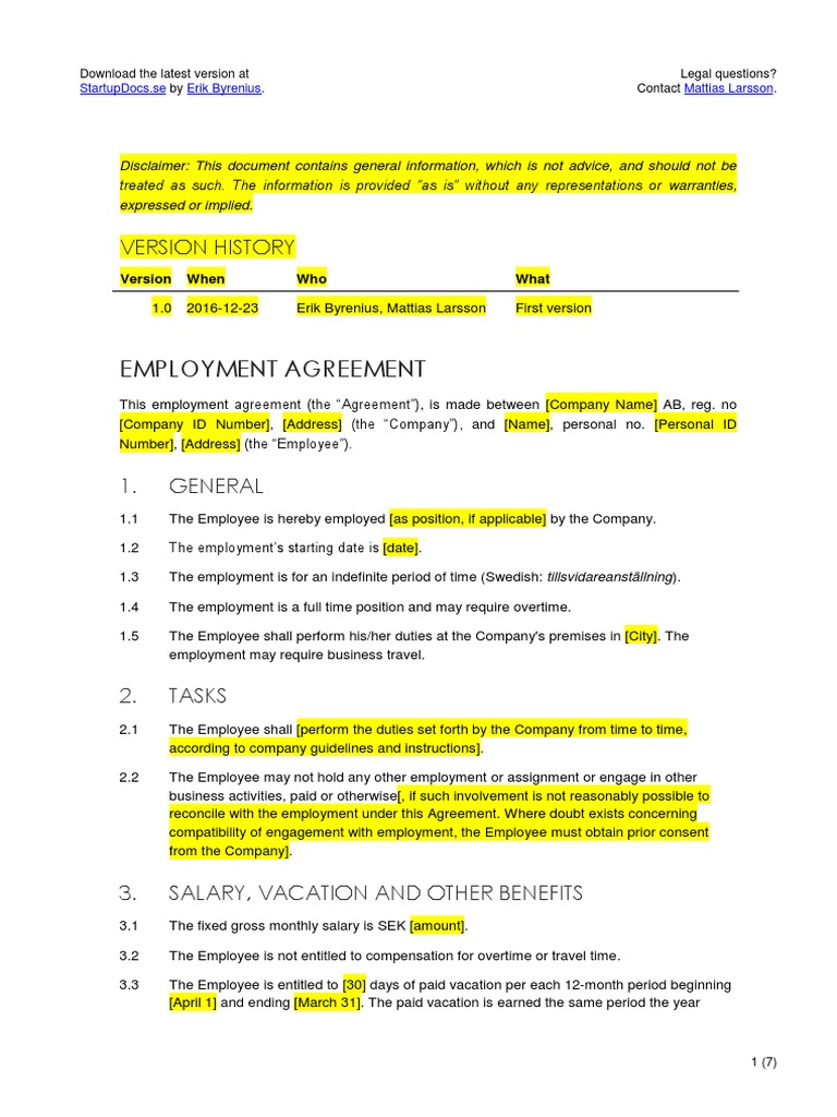 Employment Agreement: Version History | PDF | Intellectual Property | Employment