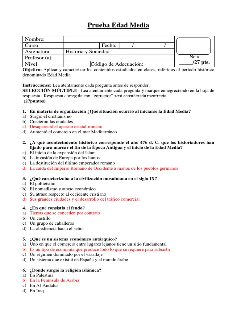 Prueba Edad Media Septimo CR | PDF | Feudalismo | Edades medias