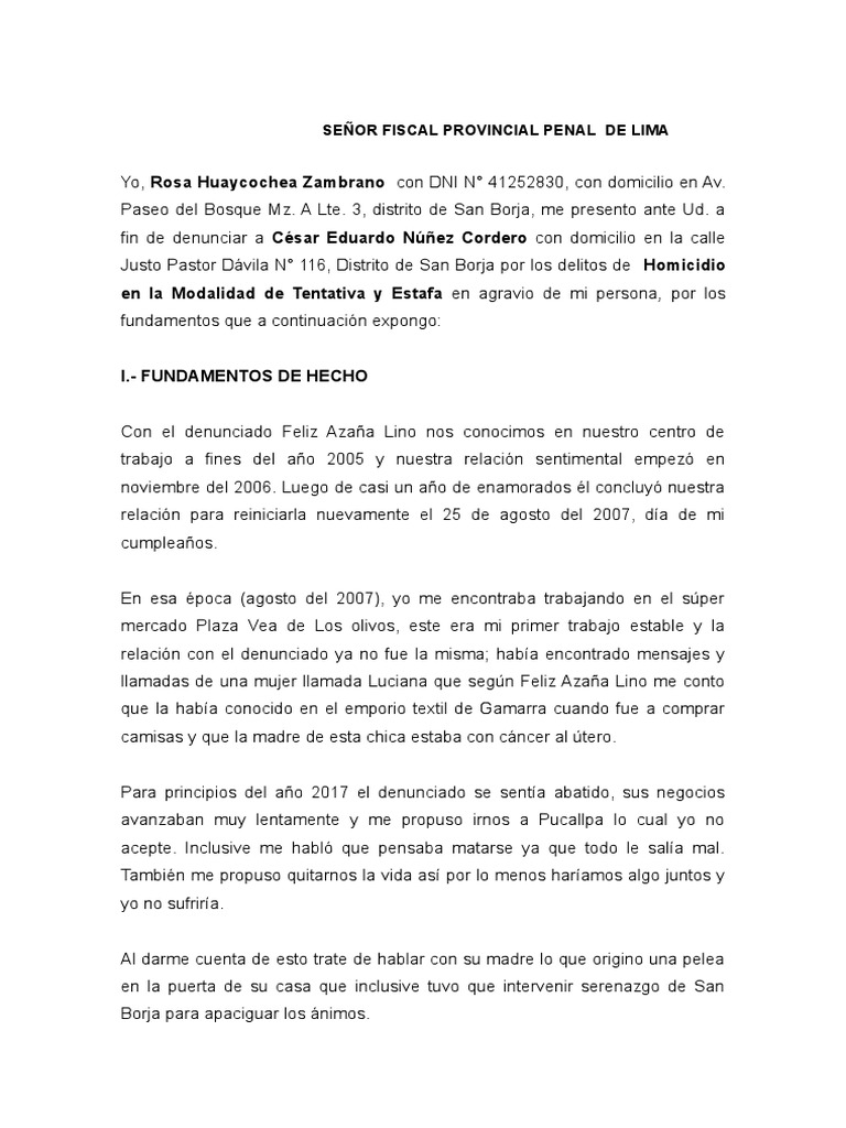 Denuncia Penal Tentativa De Homicidio Derecho Penal Violencia