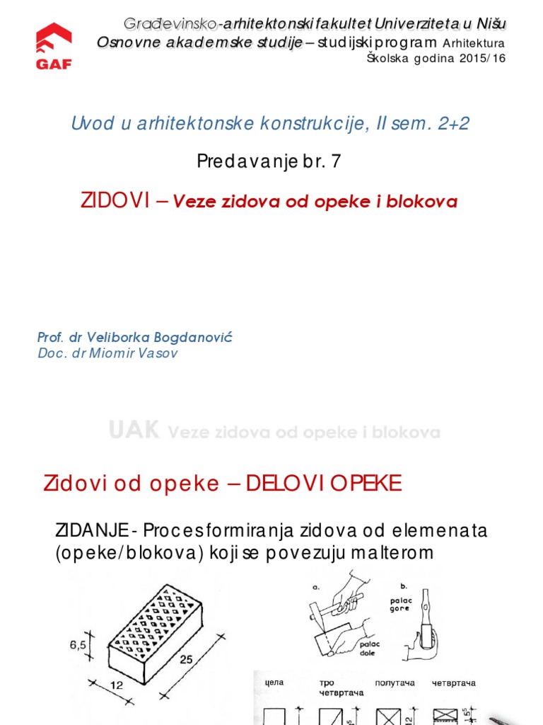 Predavanje Br.7 UAK - ZIDOVI - Vеzе Zidоvа Оd Оpеkе i Blоkоvа | PDF