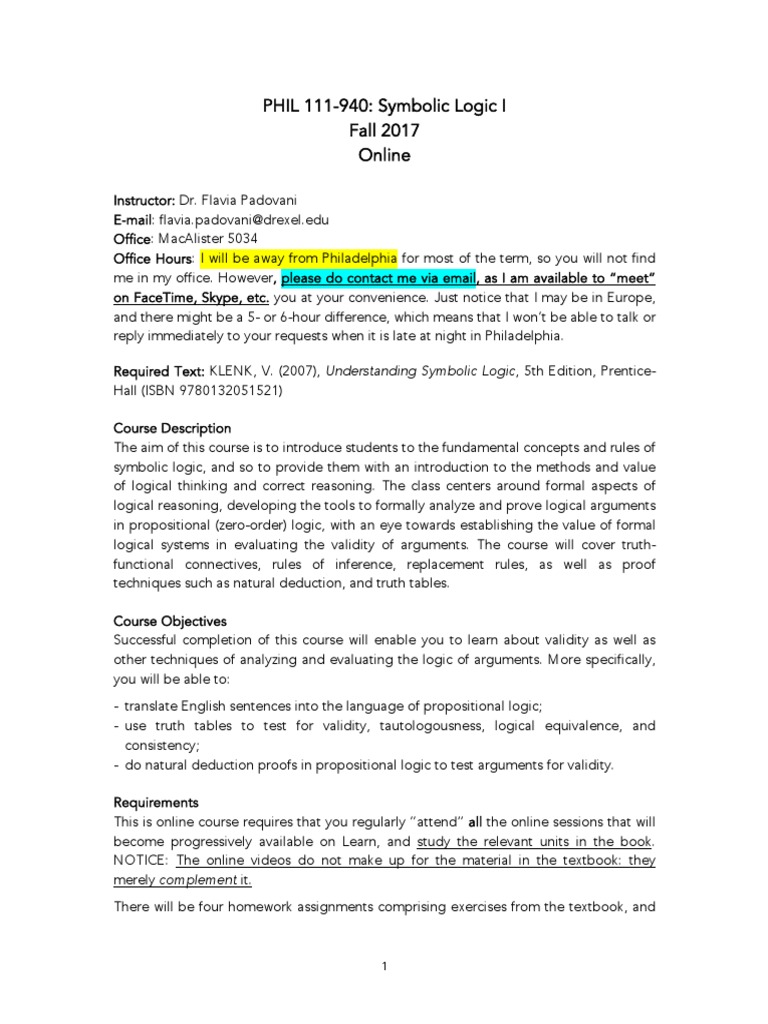 PHIL 111 Symbolic Logic I Online Course Syllabus | PDF | Logic | First Order Logic