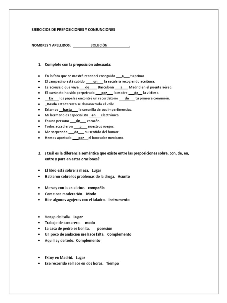 Ejercicios de Preposiciones y Conjunciones Solución | PDF