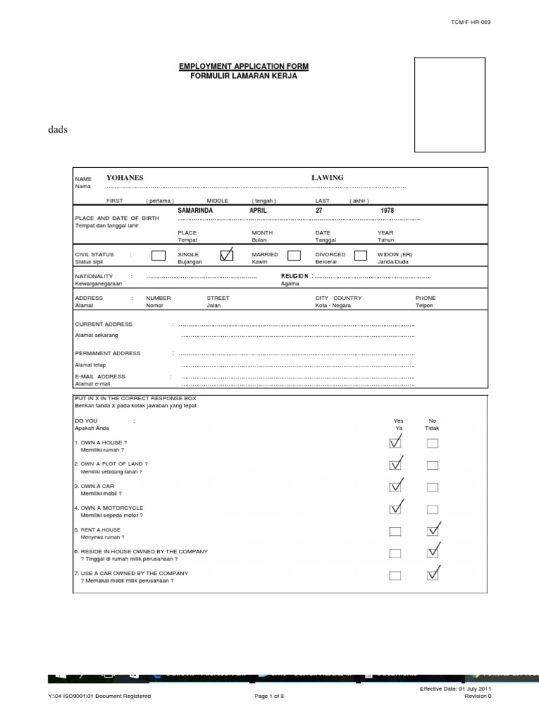 Employment Application Form Formulir Lamaran Kerja | PDF