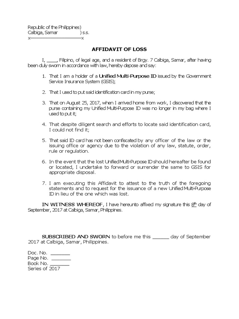 Affidavit of Loss of Identification Card | PDF
