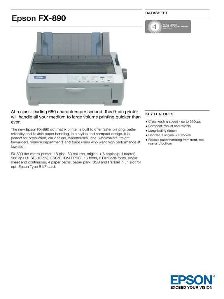 Epson FX 890 Datasheet | PDF | Printer (Computing) | Office Equipment