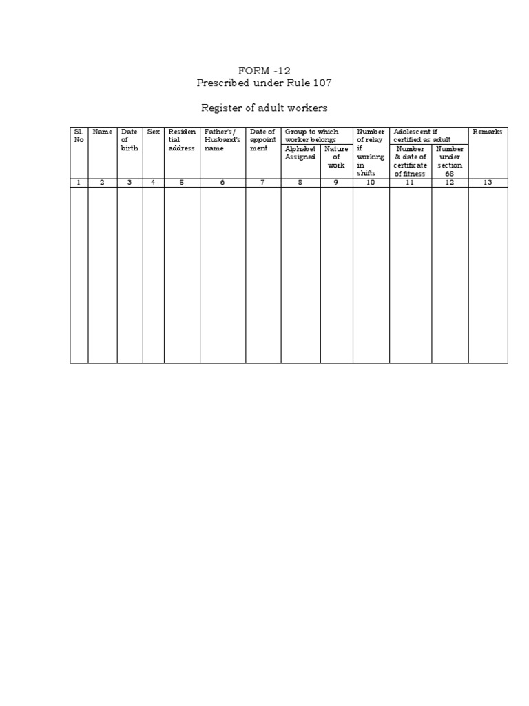 FORM - 12 Prescribed Under Rule 107 Register of Adult Workers | PDF