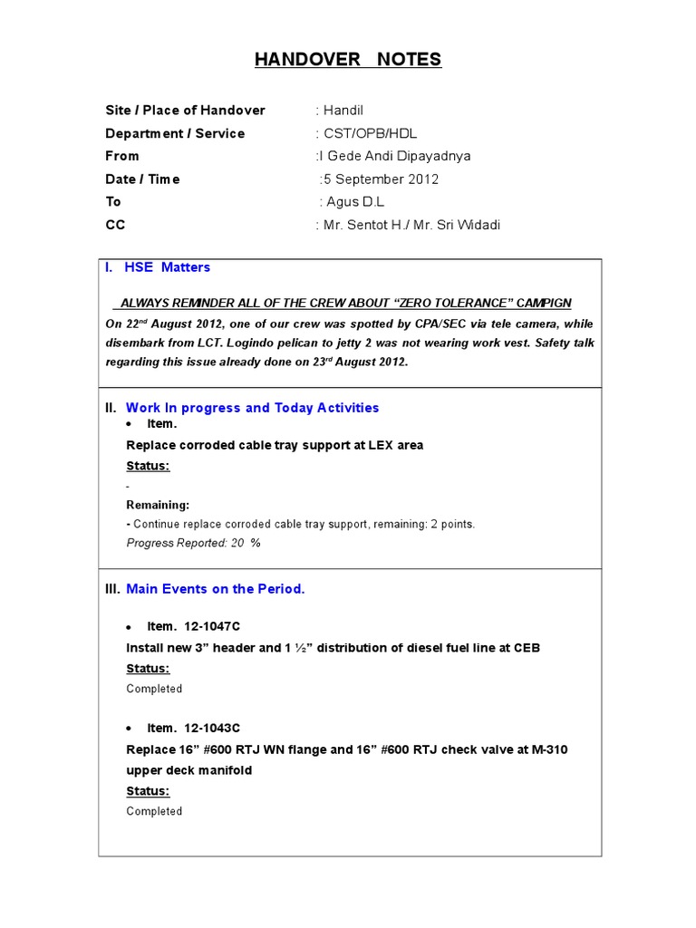 Handover Notes: Site / Place of Handover Department / Service From Date ...