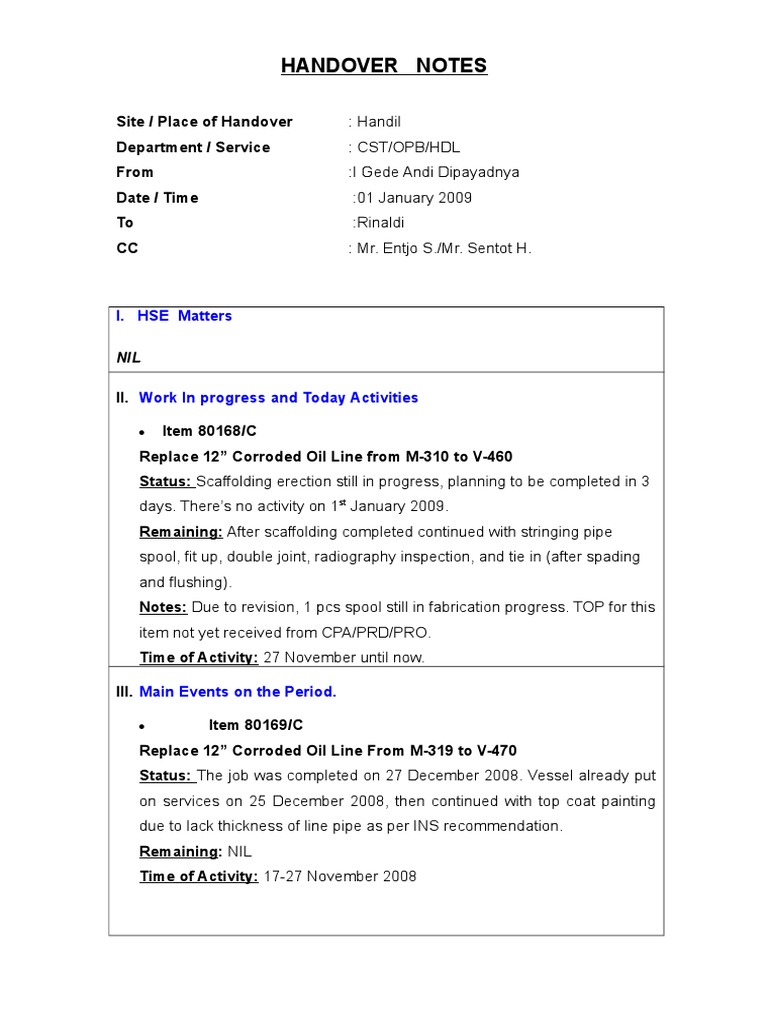 Handover Notes: I. HSE Matters | PDF | Industries | Chemical Process ...