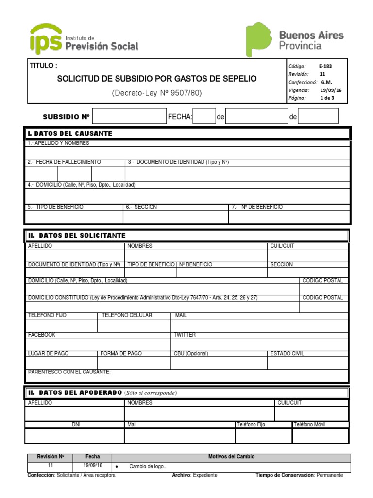 Solicitud Subsidio Sepelio E-183 | PDF | Gobierno