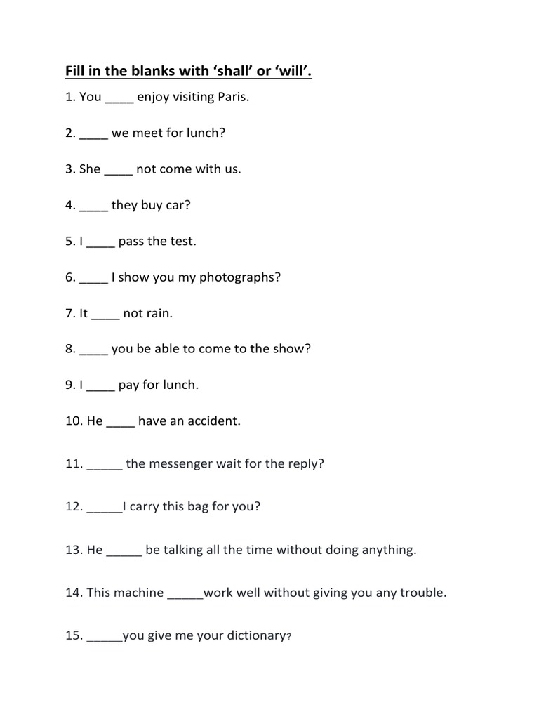 Shall vs. Will Fill-in-the-Blank Worksheet | PDF