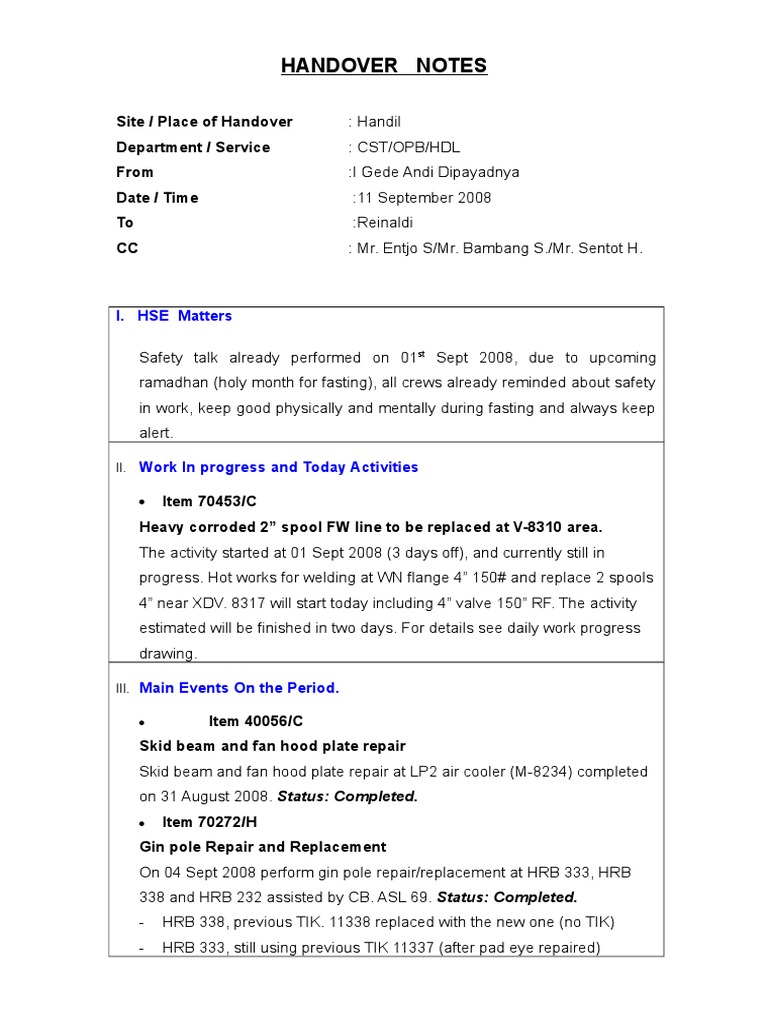 Handover Notes: Site / Place of Handover Department / Service From Date ...