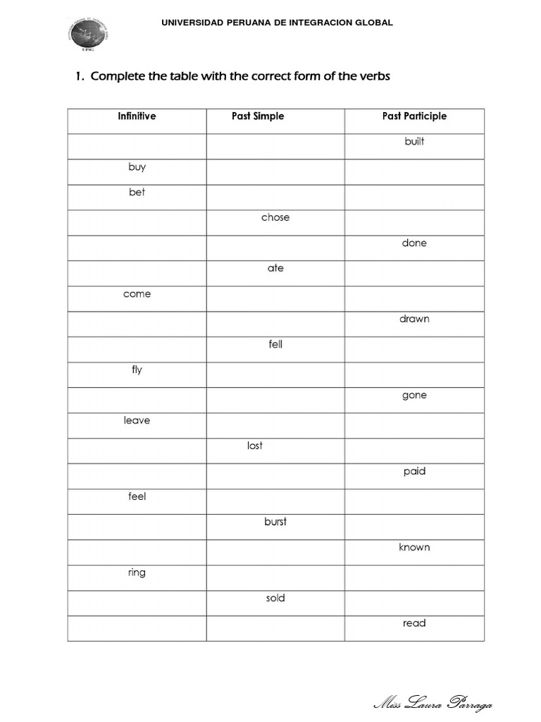Miss Laura Parraga: 1. Complete The Table With The Correct Form of The ...