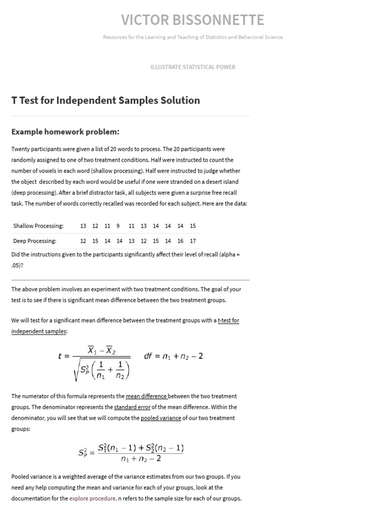 T Test For Independent Samples Solution - Victor Bissonnette PDF | PDF ...
