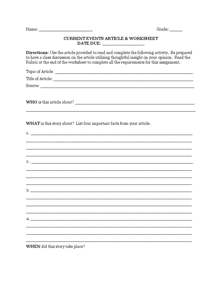 Current Event Article - Worksheet Activity | PDF | Rubric (Academic ...