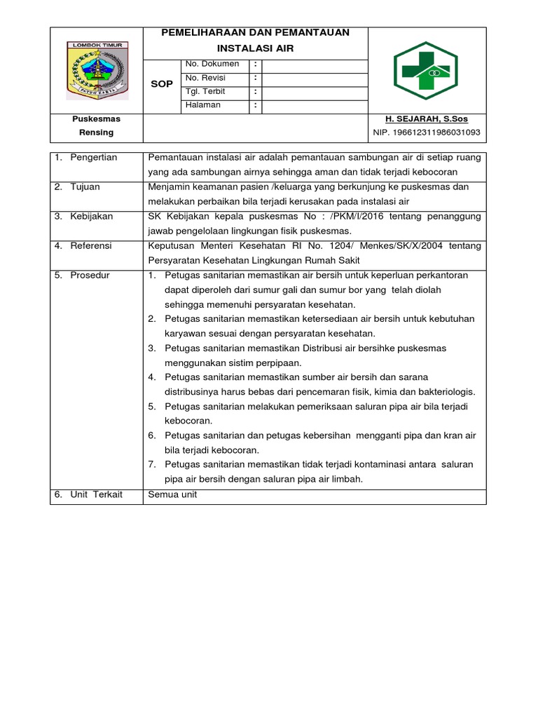 8.5.1.2 Sop Pemeliharaan Dan Pemantauan Instalasi Air | PDF