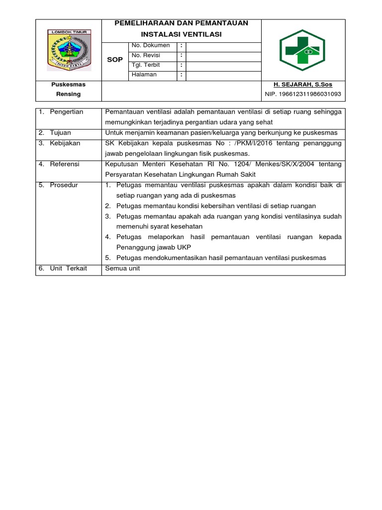 8.5.1.2 Sop Pemeliharaan Dan Pemantauan Instalasi Ventilasi | PDF