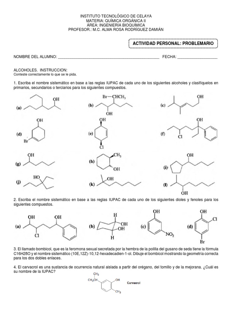 Problemario-Quimica Organica II Alcoholes | PDF