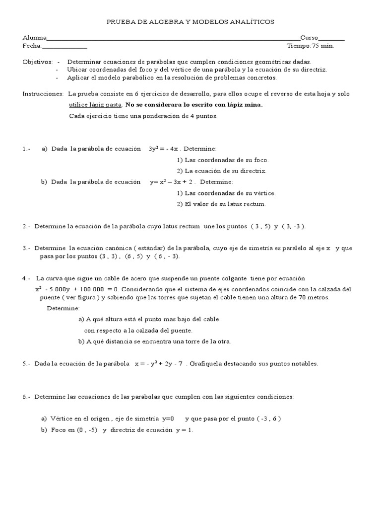 Prueba de Parábolas y Modelos Analíticos | PDF