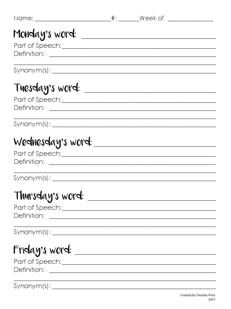 Weekly Vocabulary Word Planner | PDF