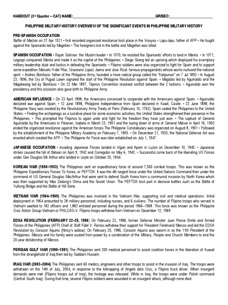HANDOUT Military History | PDF | Philippines | International Security