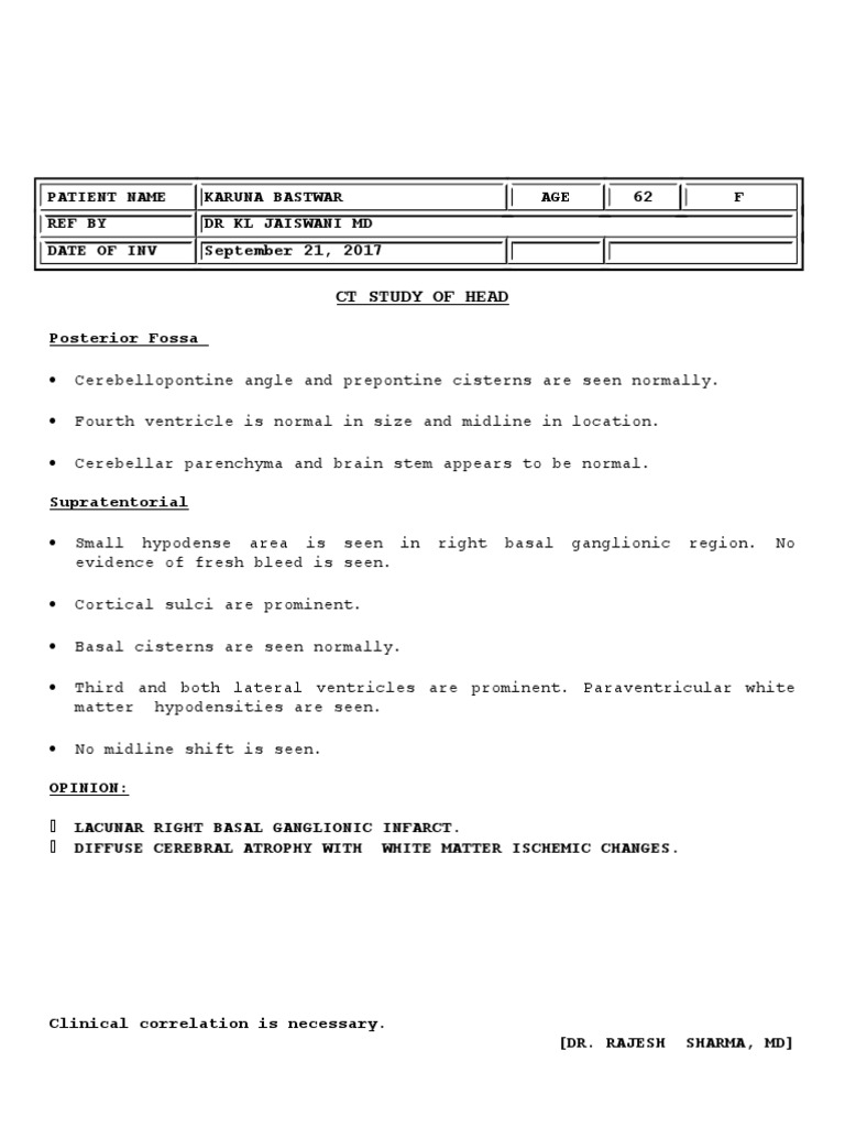 CT Scan Report for 62-Year-Old Female with Lacunar Infarct and Cerebral ...