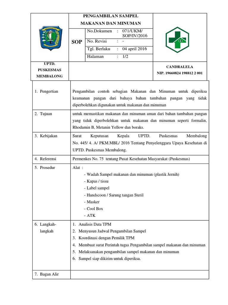 SOP Pengambilan Sampel Makanan Dan Minuman | PDF