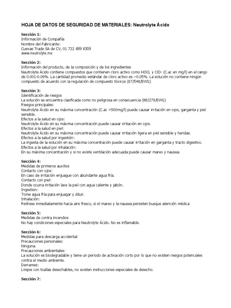 Neutrolyte A MSDS 170324 | PDF | Toxicidad | Concentración