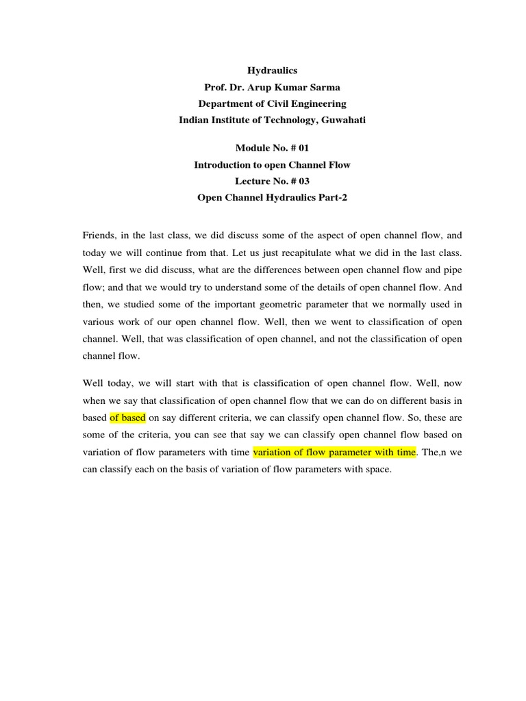 Hydraulics Prof. Dr. Arup Kumar Sarma Department of Civil Engineering ...