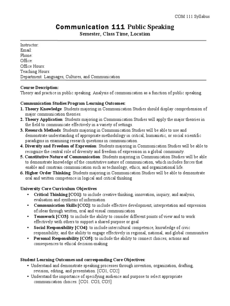 COM 111 Public Speaking Syllabus | PDF | Academic Dishonesty | Public ...
