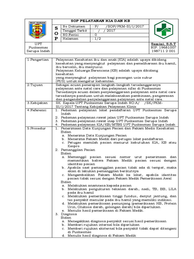SOP Pelayanan KIA dan KB Puskesmas | PDF