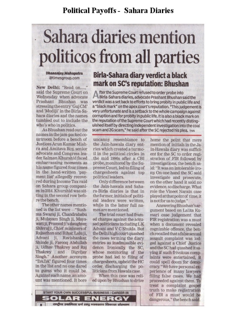 The Times of India – News Report - Sahara Diaries on Payoffs to Top ...