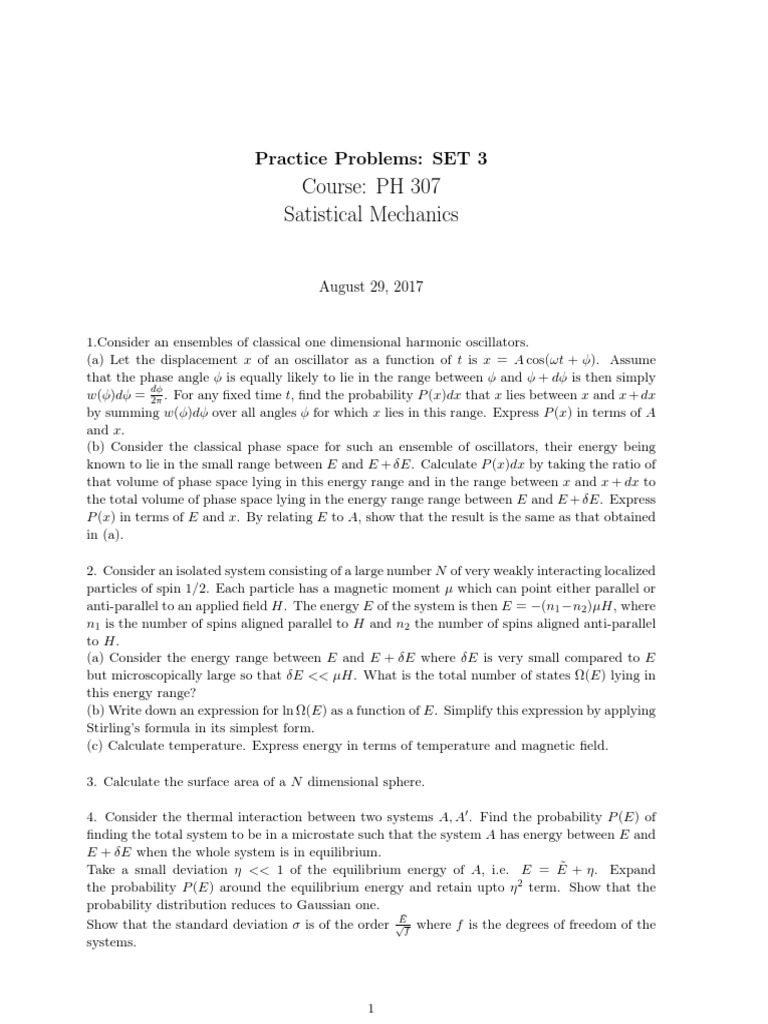 Course: PH 307 Satistical Mechanics: Practice Problems: SET 3 | PDF ...