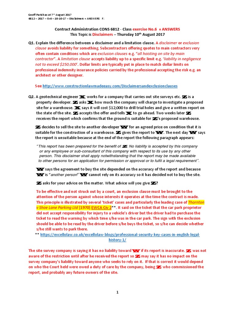 6812 - 2017 - Ex6 - 8-10-17 - Disclaimers + Answers | PDF | Disclaimer | Common Law