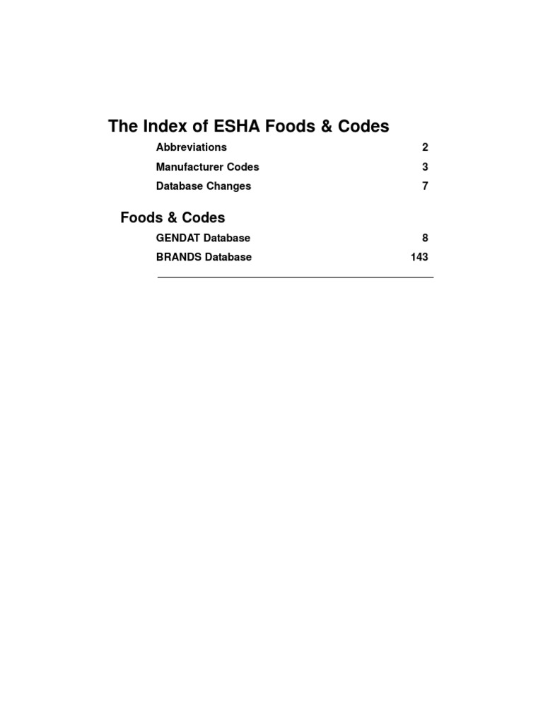 The Index of ESHA Foods & Codes | Download Free PDF | Desserts | Breads