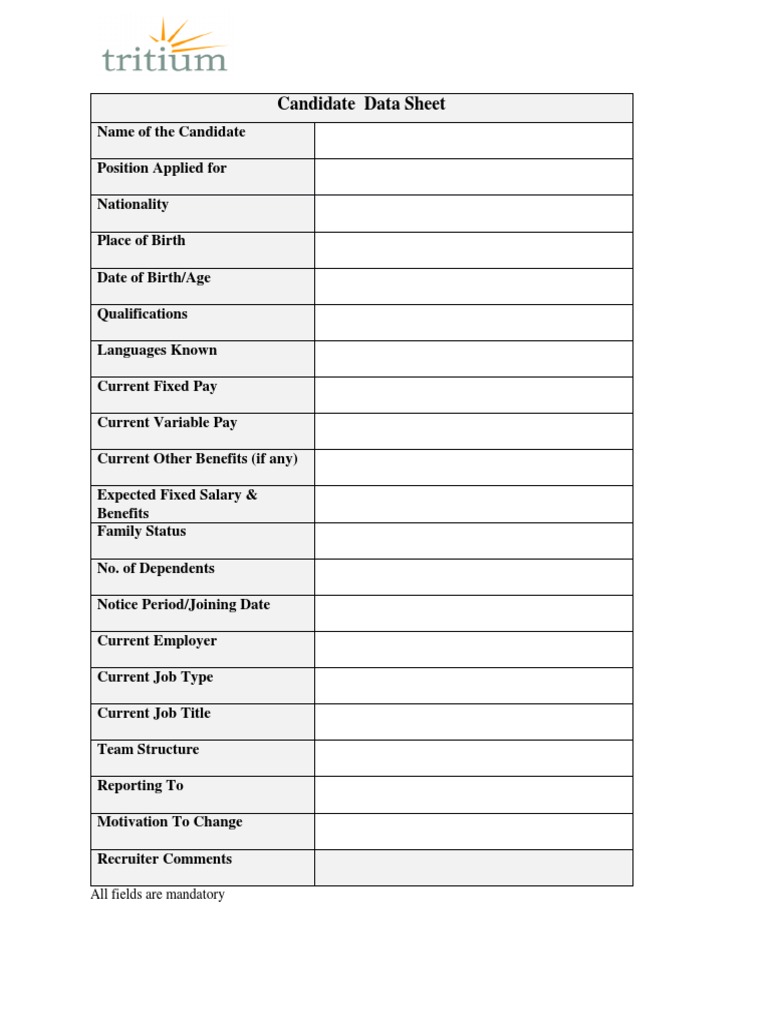 Candidate Data Sheet Template | PDF
